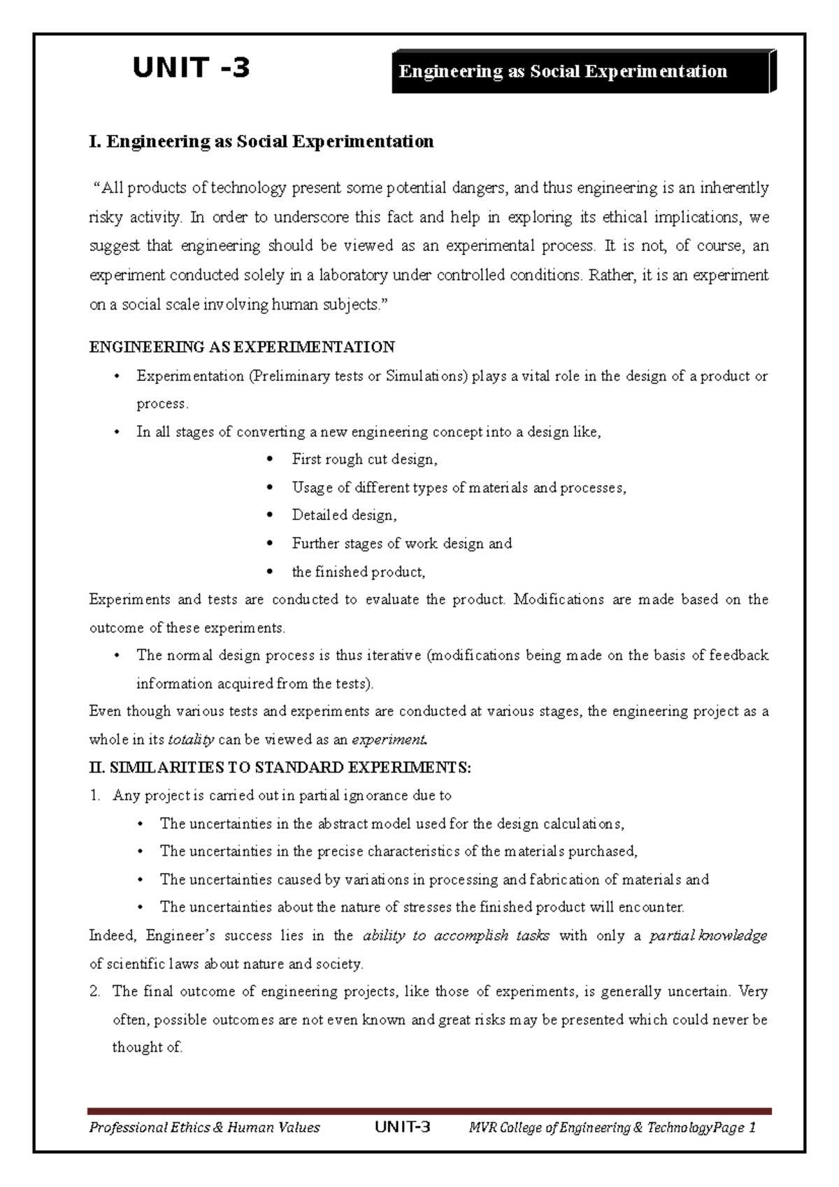 Unit 3 Engineering as Social Experimentation - Engineering as Social ...