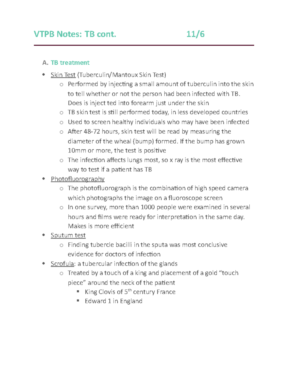 lecture notes tuberculosis pt2 - VTPB Notes: TB cont. 11/ A treatment ...