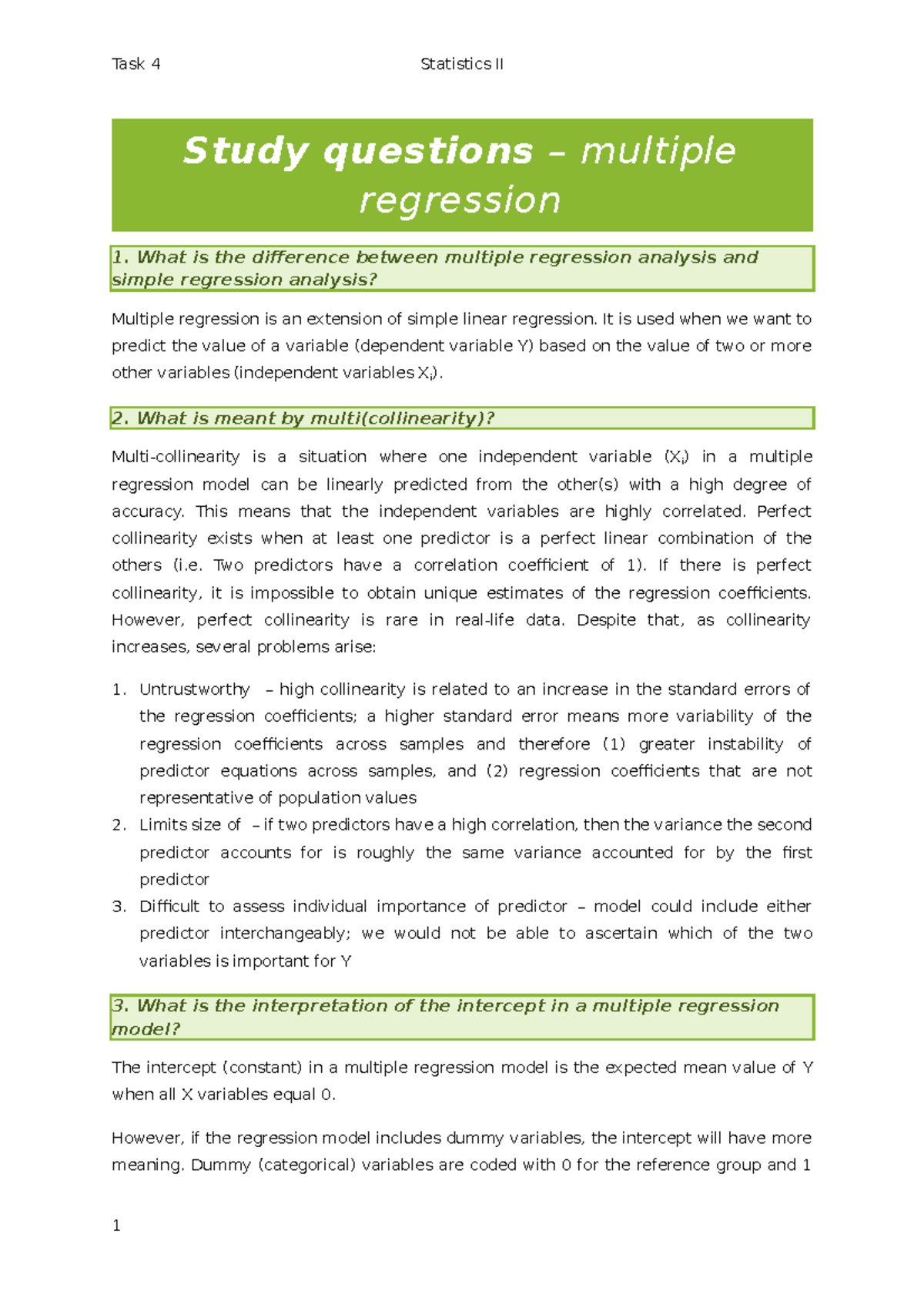 Study questions 4 - What is the difference between multiple regression analysis and simple - Studocu