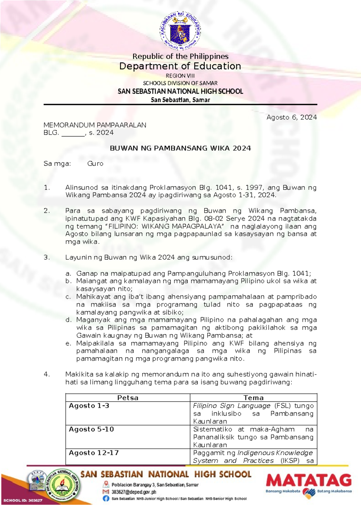 Buwan ng Wika Memo - Sample memo for school activities - Republic of ...