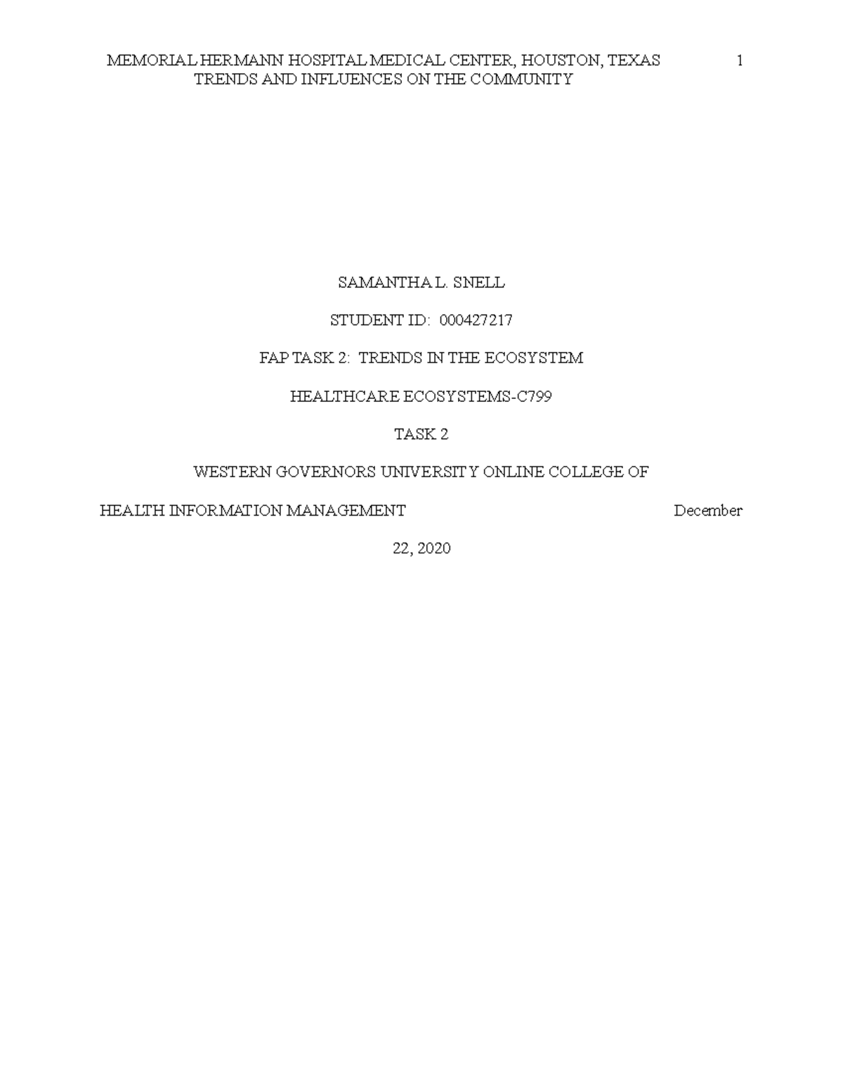 Task 2 Healthcare Ecosystems C799 Memorial Hermann Hospital APA style ...