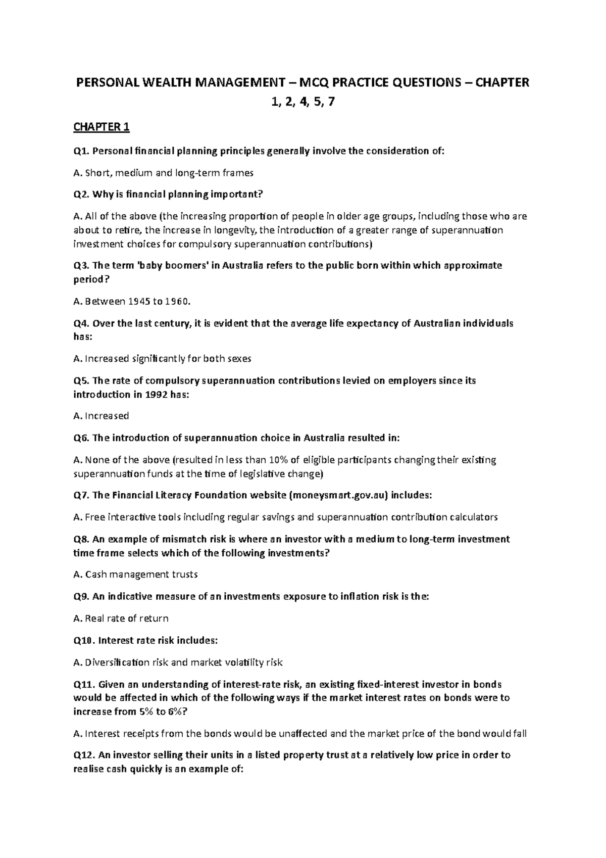 Practice MCQ - PERSONAL WEALTH MANAGEMENT – MCQ PRACTICE QUESTIONS ...