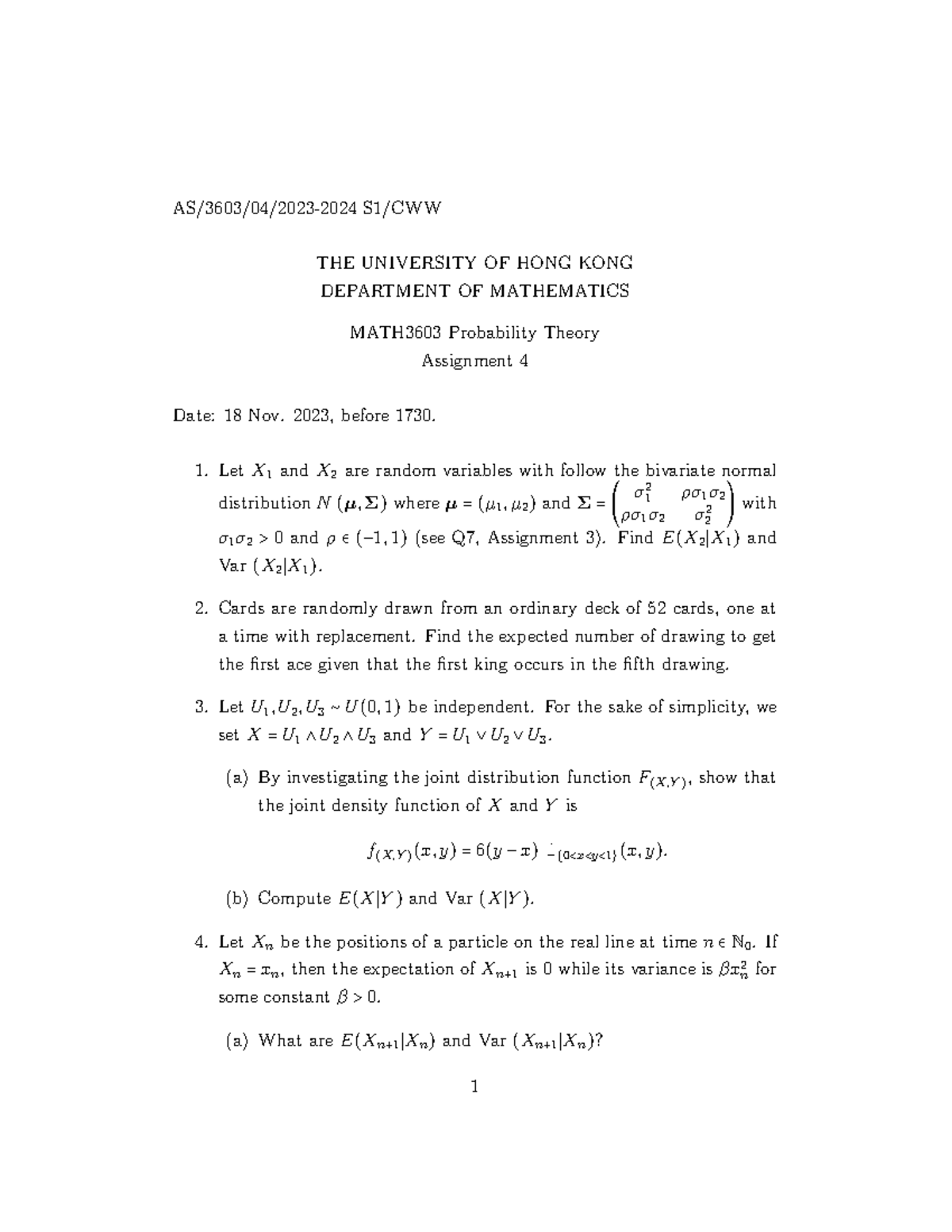 MATH3603 2023S1 A04Q - assignment - AS/3603/04/2023-2024 S1/CWW THE UNIVERSITY OF HONG KONG ...