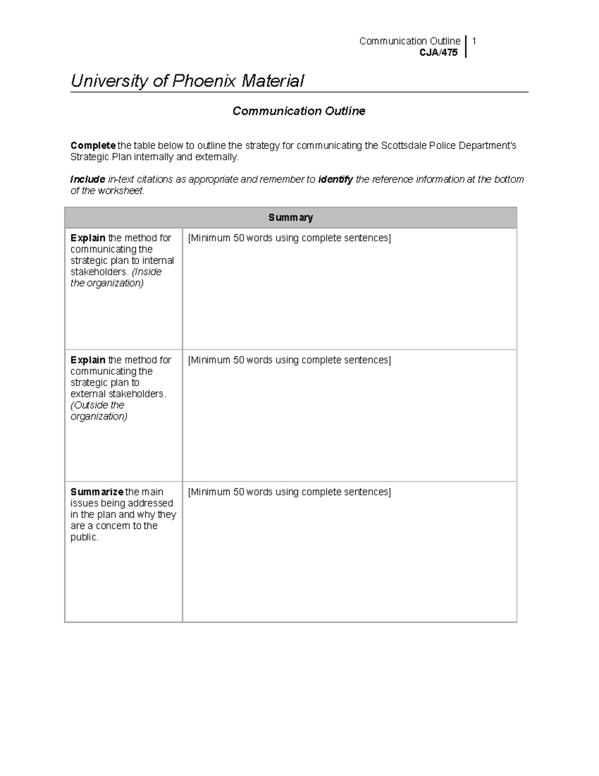 Week4 Communication Outline Worksheet - Communication Outline CJA/ 1 ...