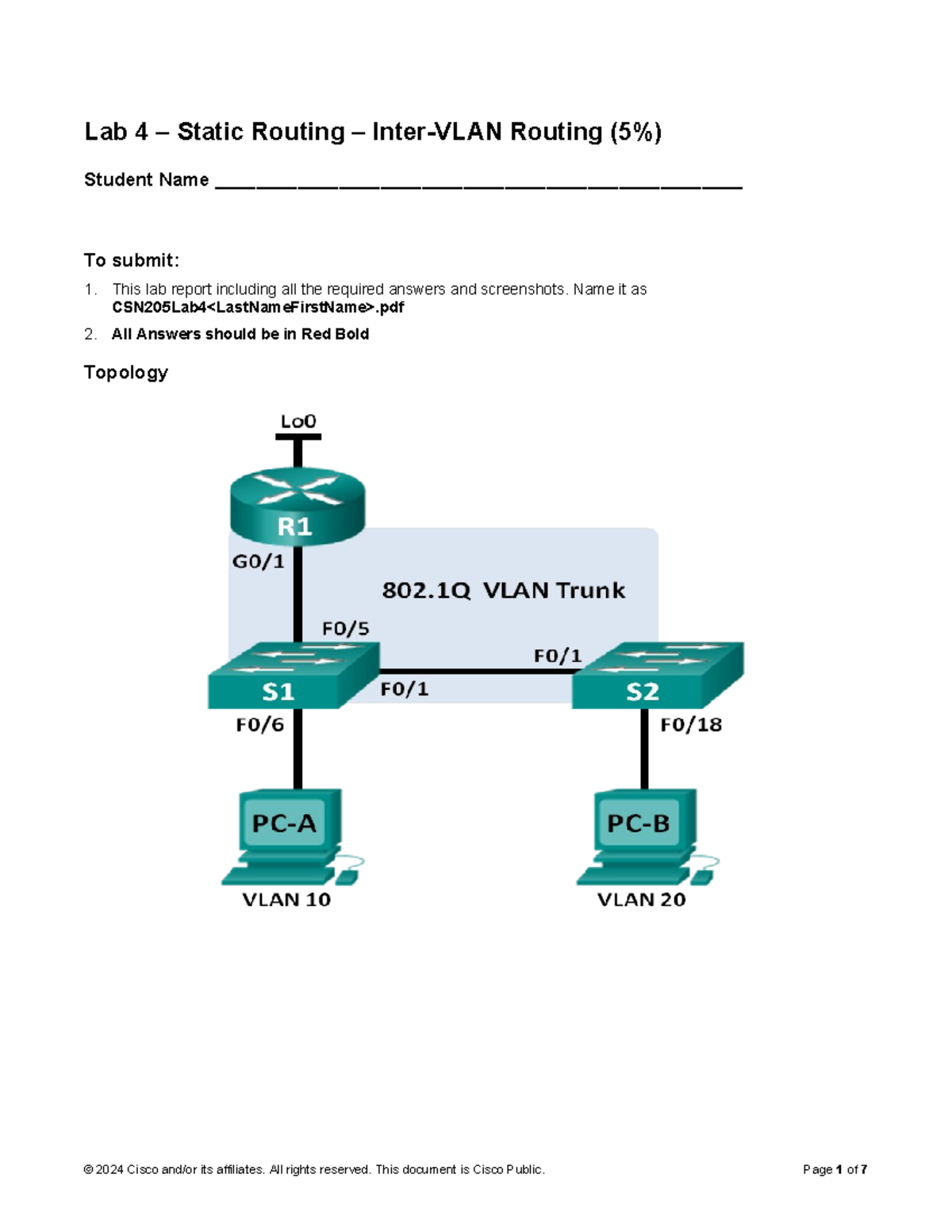 CSN205 Lab 4 Trunk-Based Inter-VLAN Routing - Lab 4 – Static Routing – Inter-VLAN Routing (5% ...