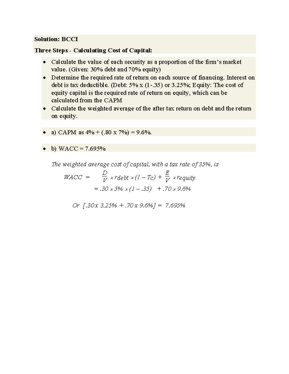 ACCT 702 Ch.13 Practice Quiz on Cost of Capital - Solution: BCCI Three ...