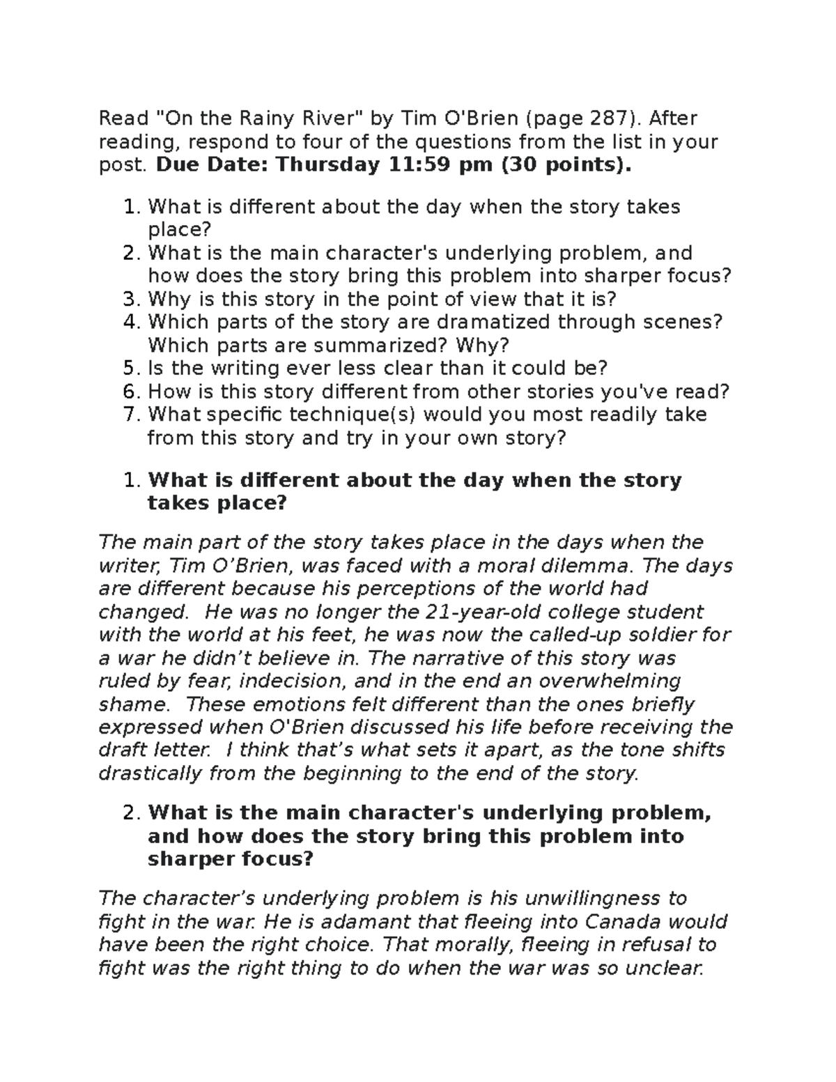 RLAW 3 - "On the Rainy River" by Tim O'Brien is this weeks reading in ...