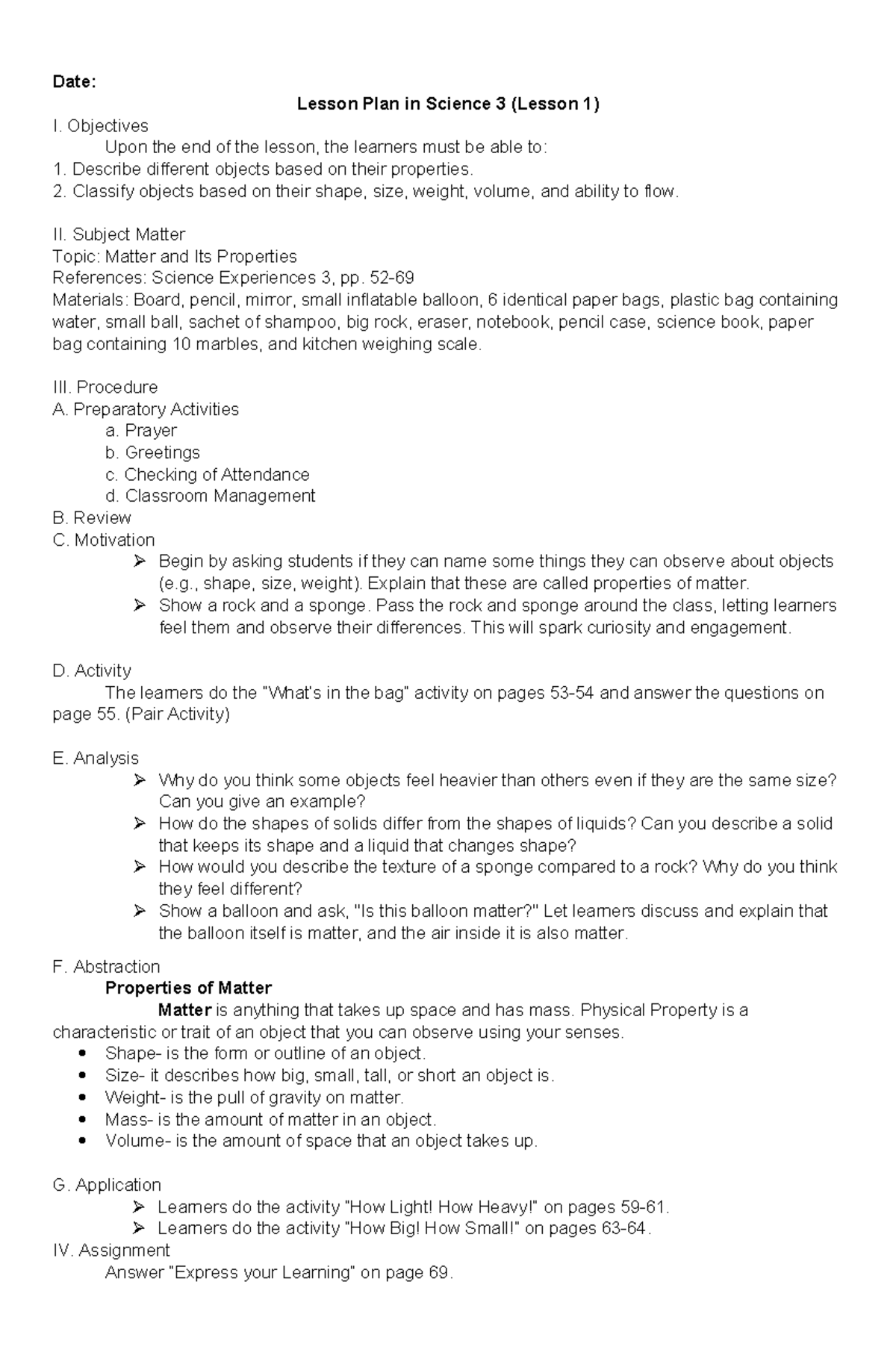 Lesson PLAN Science 3 - Date: Lesson Plan in Science 3 (Lesson 1) I ...