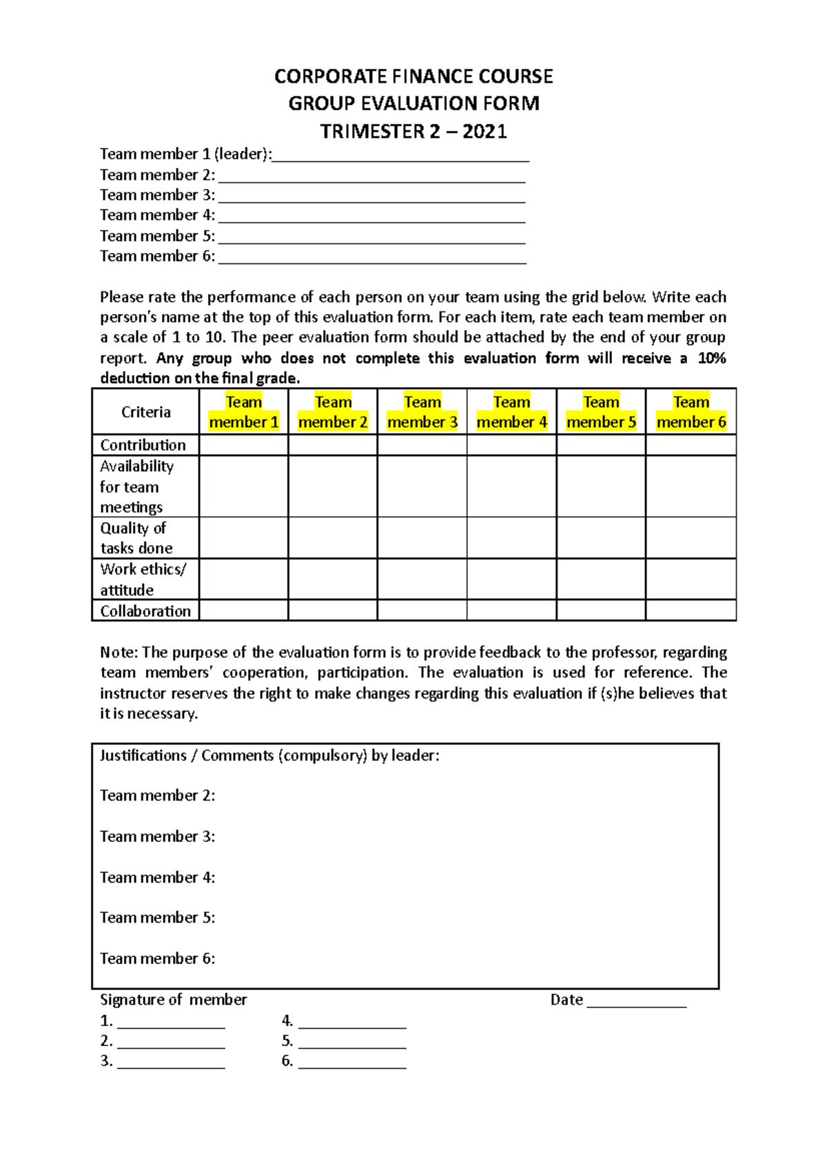 Group evaluation form - CORPORATE FINANCE COURSE GROUP EVALUATION FORM ...