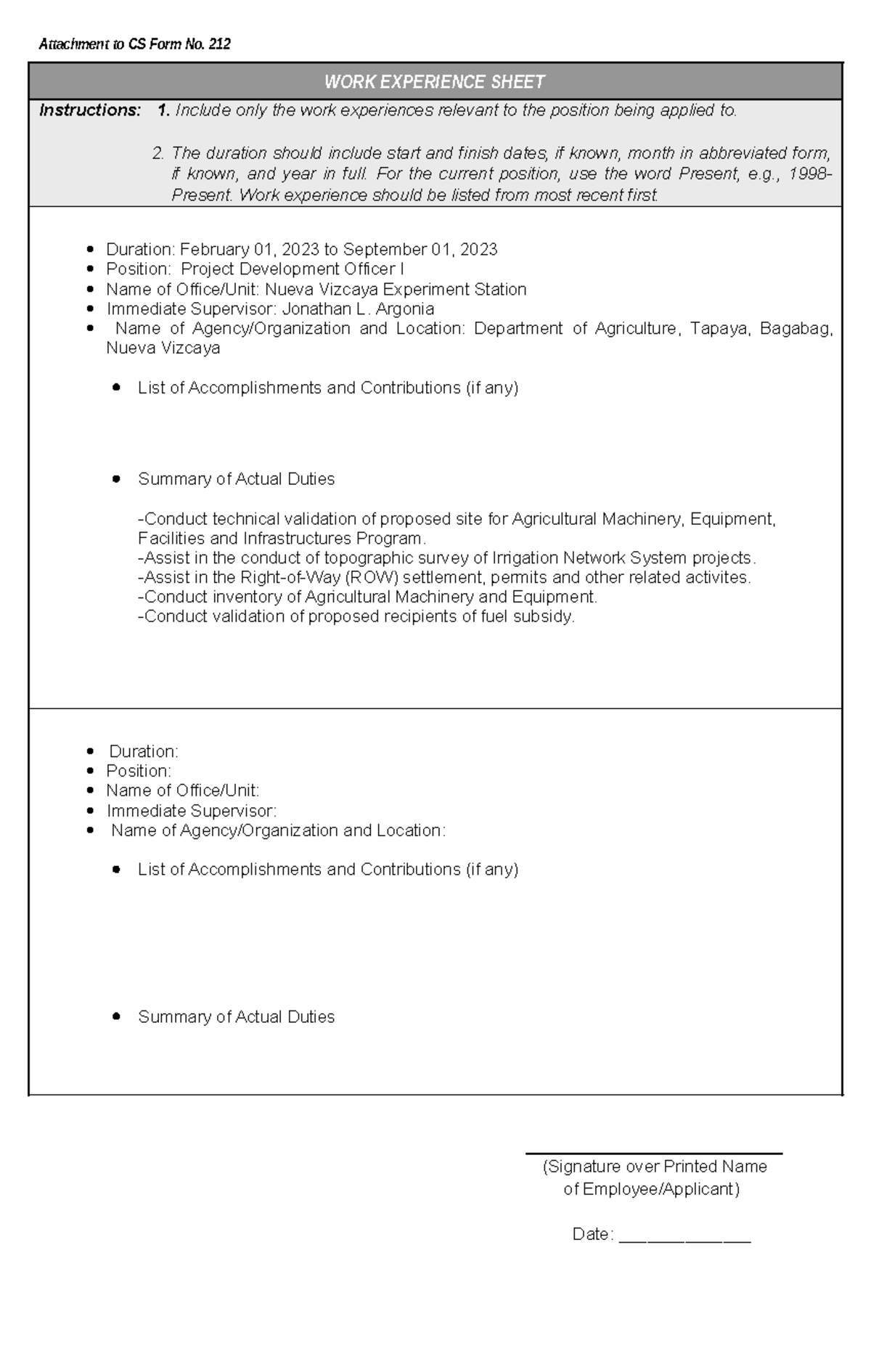 CS Form No 212 Work Experience Sheet - (Signature over Printed Name of ...