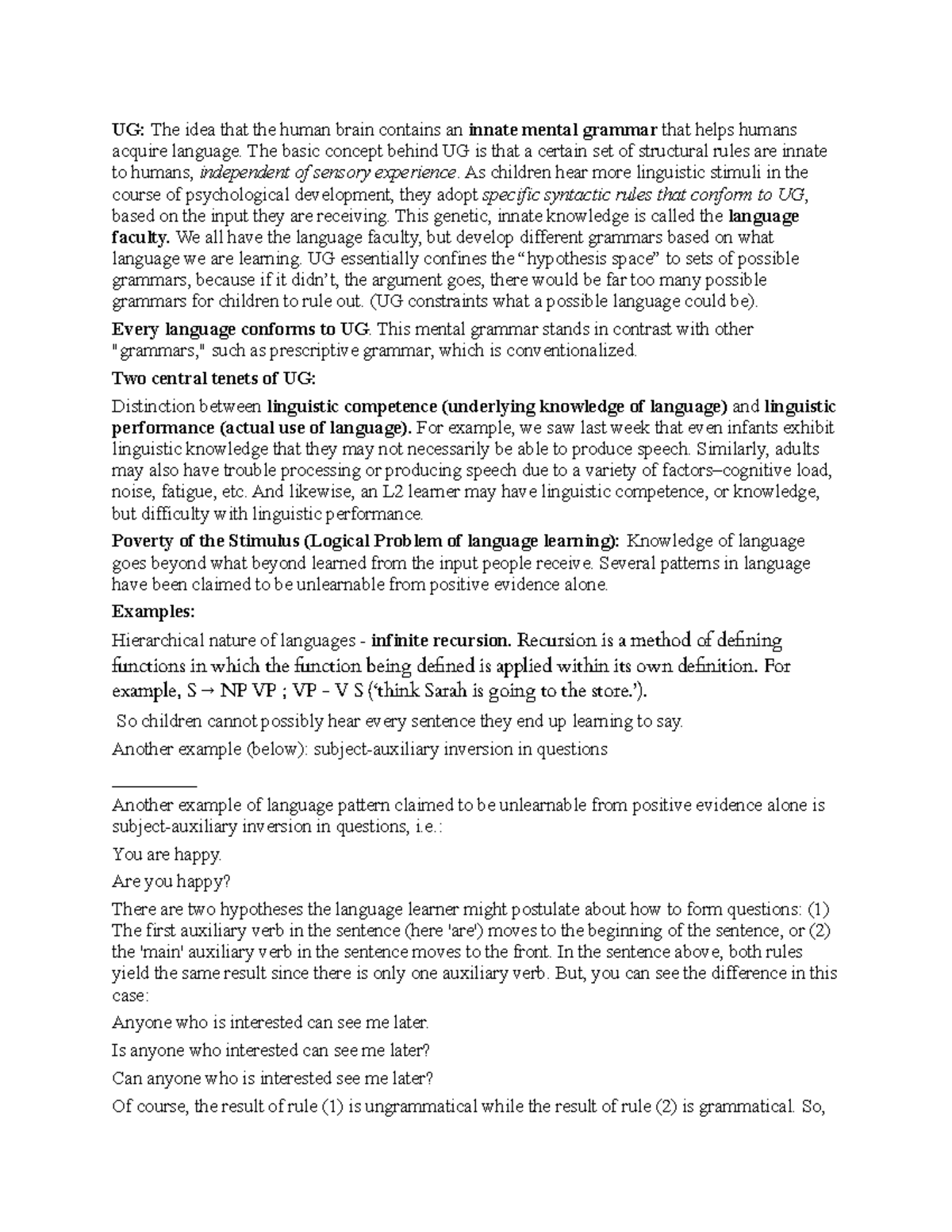 TLPL 662- Second language acquisition part 3 - UG: The idea that the ...