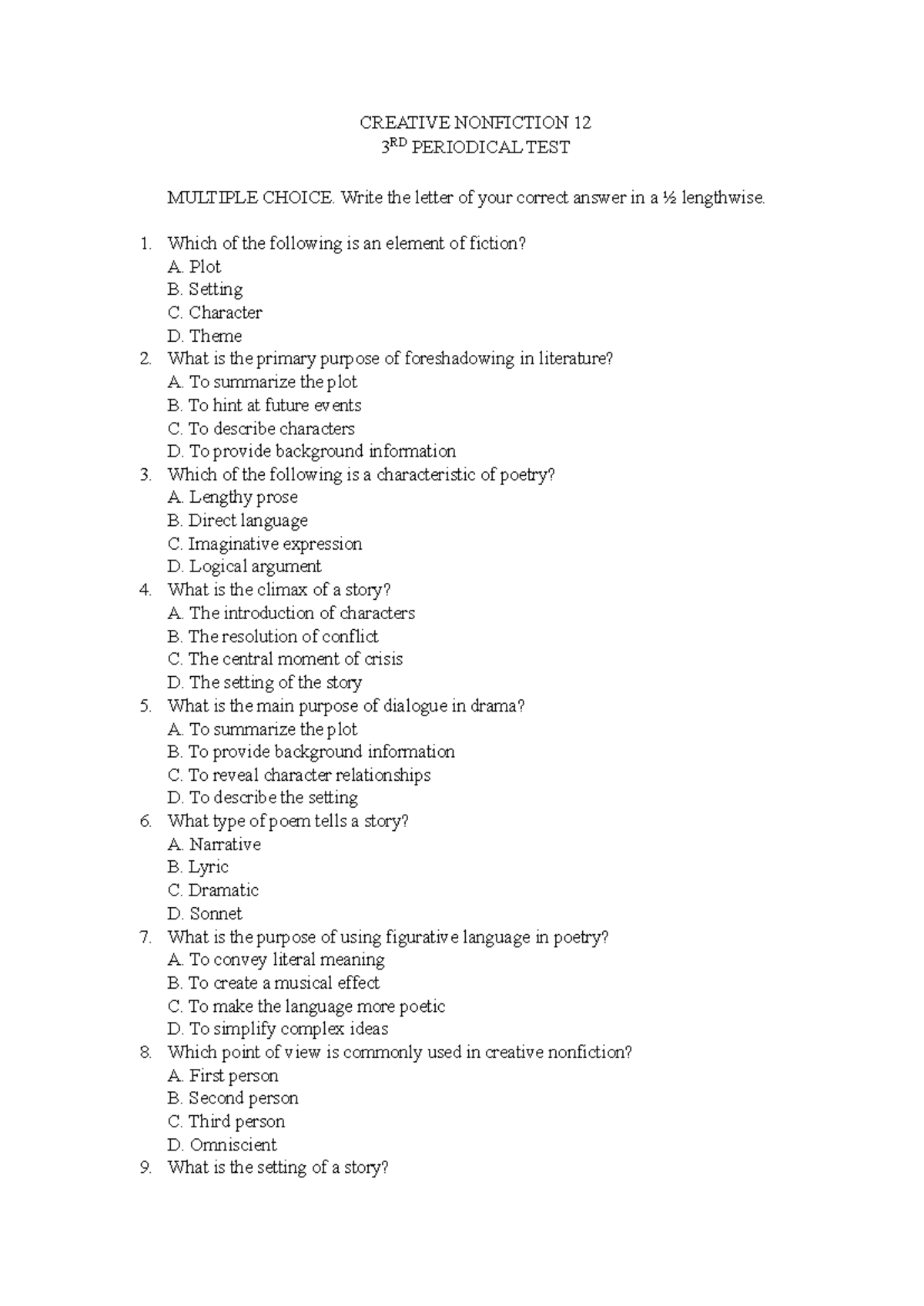 Creative Nonfiction 12 - CREATIVE NONFICTION 12 3 RD PERIODICAL TEST ...