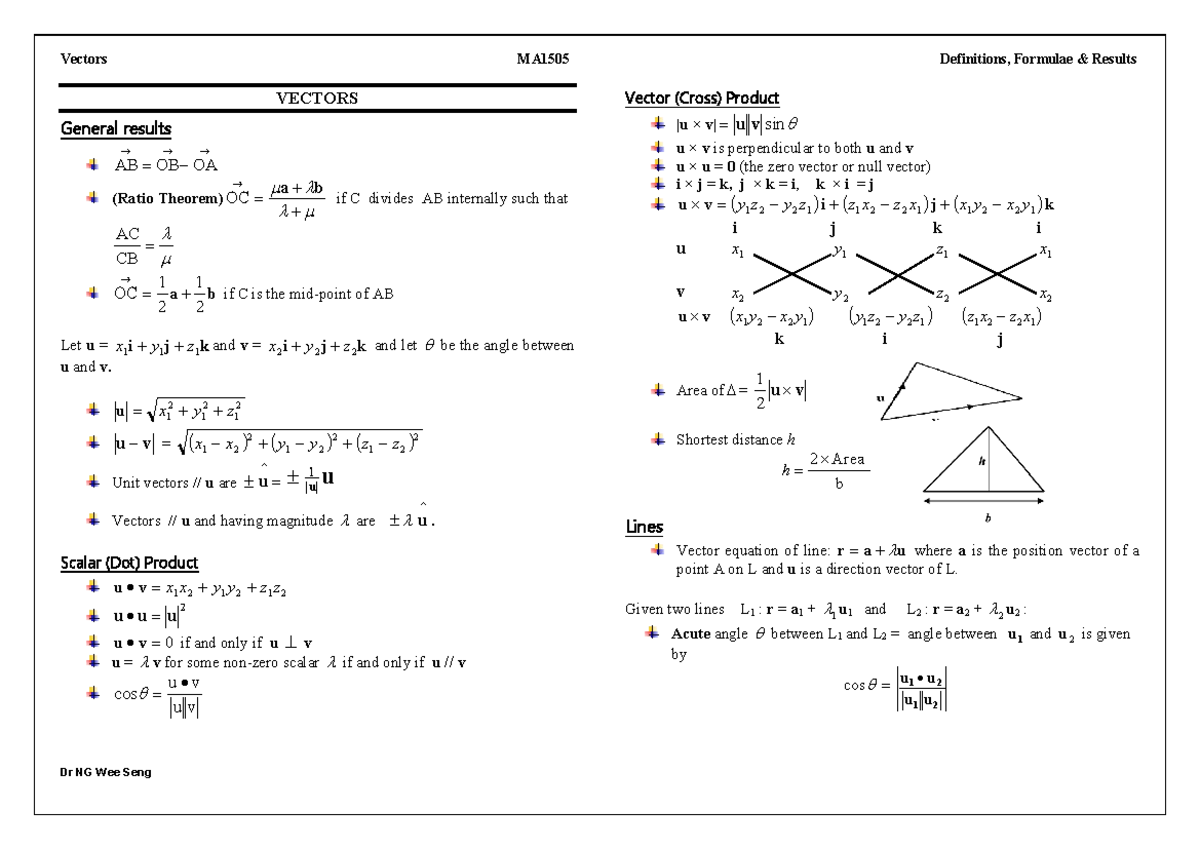 MA1505 1920S1 Formulae (Vectors) - Vectors MA1505 Definitions, Formulae ...