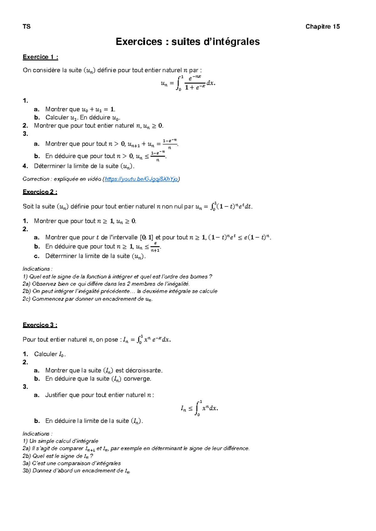Exos suites integrales - TS Chapitre 15 Exercices : suites d’intégrales ...