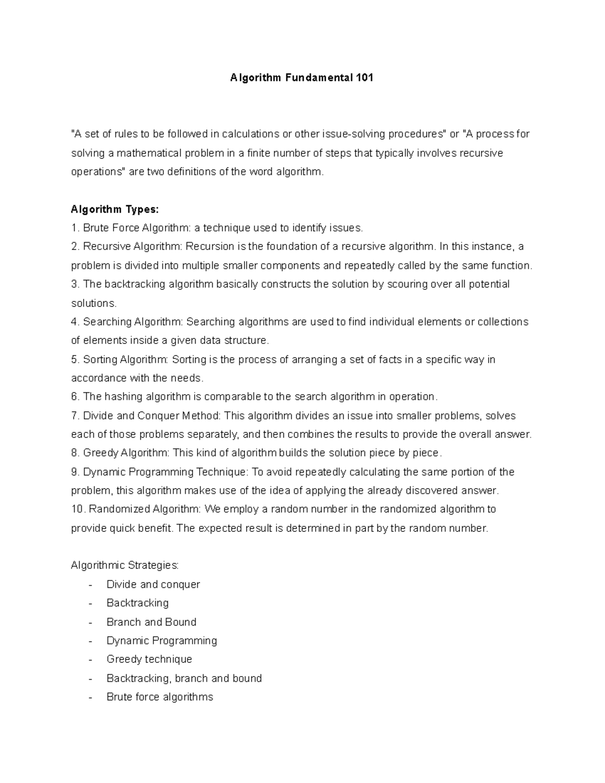 Algorithm Fundamental 101 - Algorithm Types: Brute Force Algorithm: a technique used to identify ...