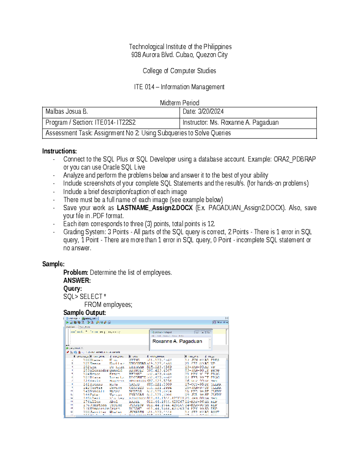 Malbas Assignment No 2 Using Subqueries to Solve Queries ...