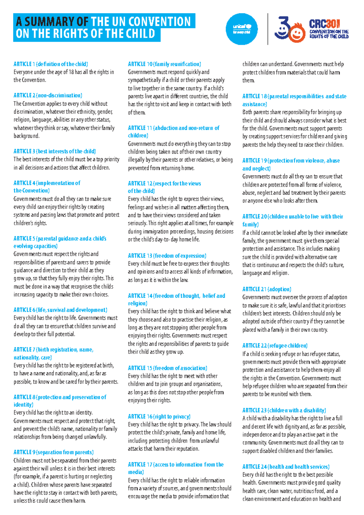 CRC summary Eng - A SUMMARY OF THE UN CONVENTION ON THE RIGHTS OF THE ...