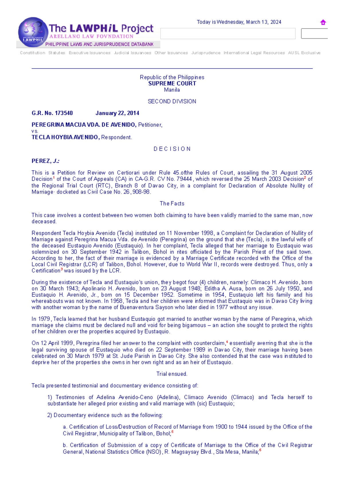 Avenido vs avenido - Constitution Statutes Executive Issuances Judicial ...