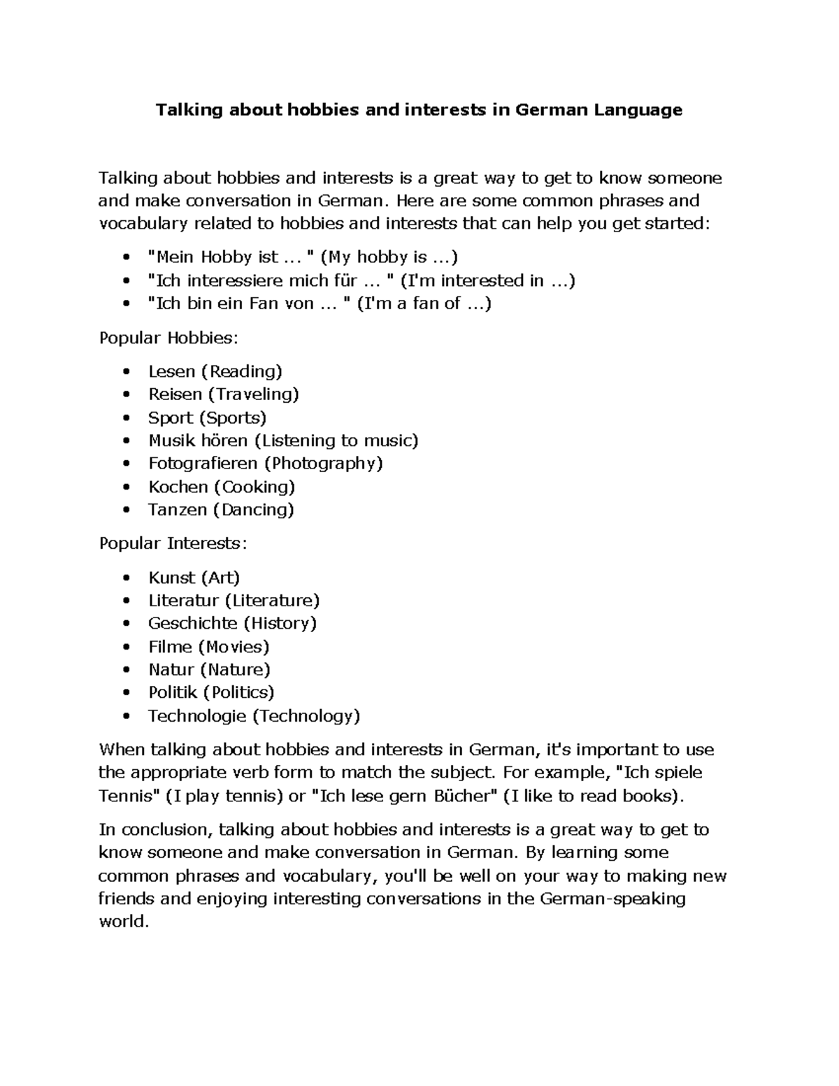 Talking about hobbies and interests in German Language - Here are some ...