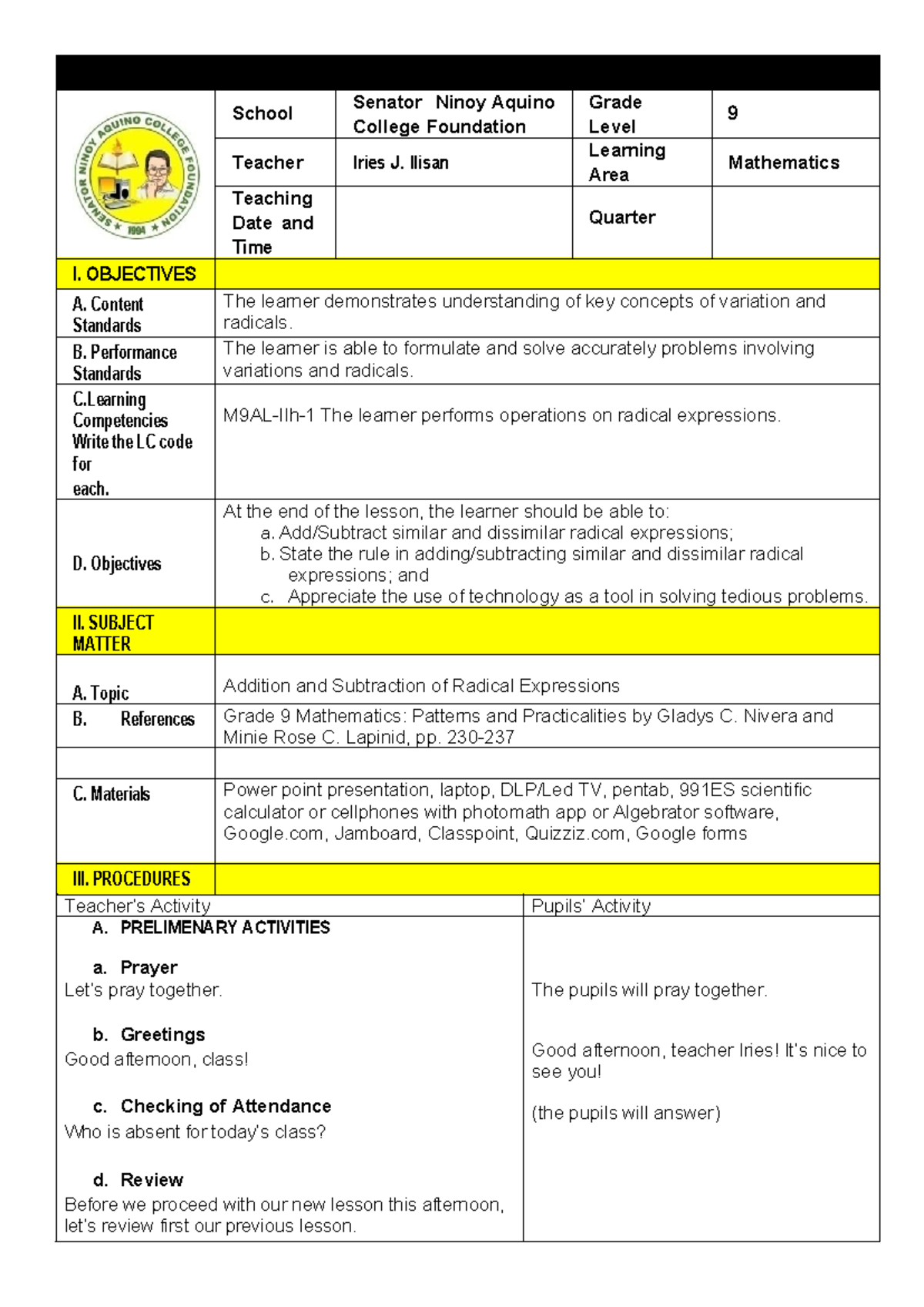 Ilisan Iries 4As LP - Lesson Plan - School Senator Ninoy Aquino College ...