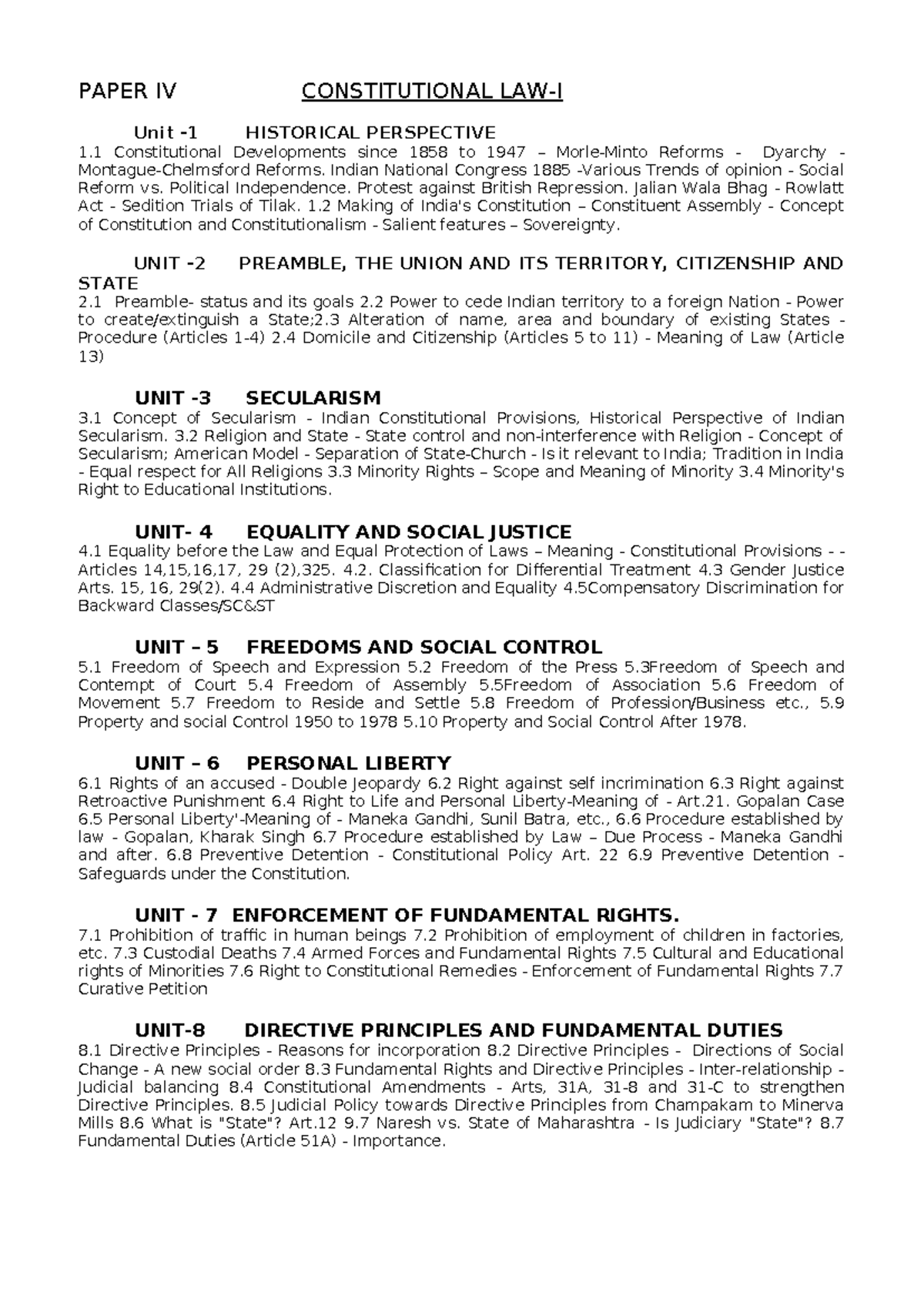 Paper - IV Constitutional LAW - I - PAPER IV CONSTITUTIONAL LAW-I Unit ...