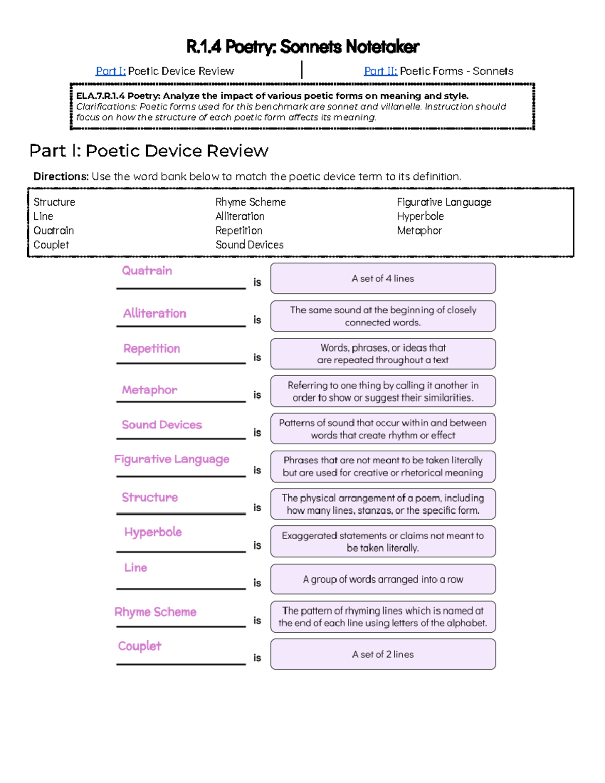 R.1.4 Poetry Sonnets Notetaker - R.1 Poetry: Sonnets Notetaker Part I ...