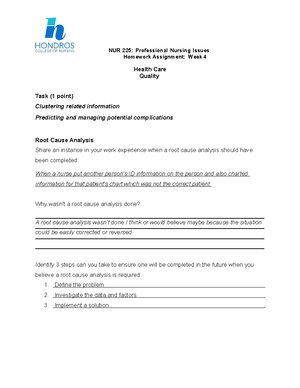 NUR 225 Week 2 Completed) - Homework Assignment: Week 2 Safety Task (0 points) Clustering ...