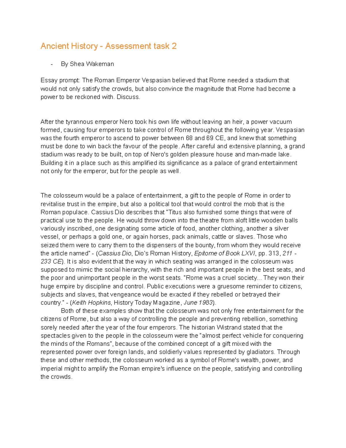 Ancient History - Assessment task 2 - The Colosseum and Vespasian ...