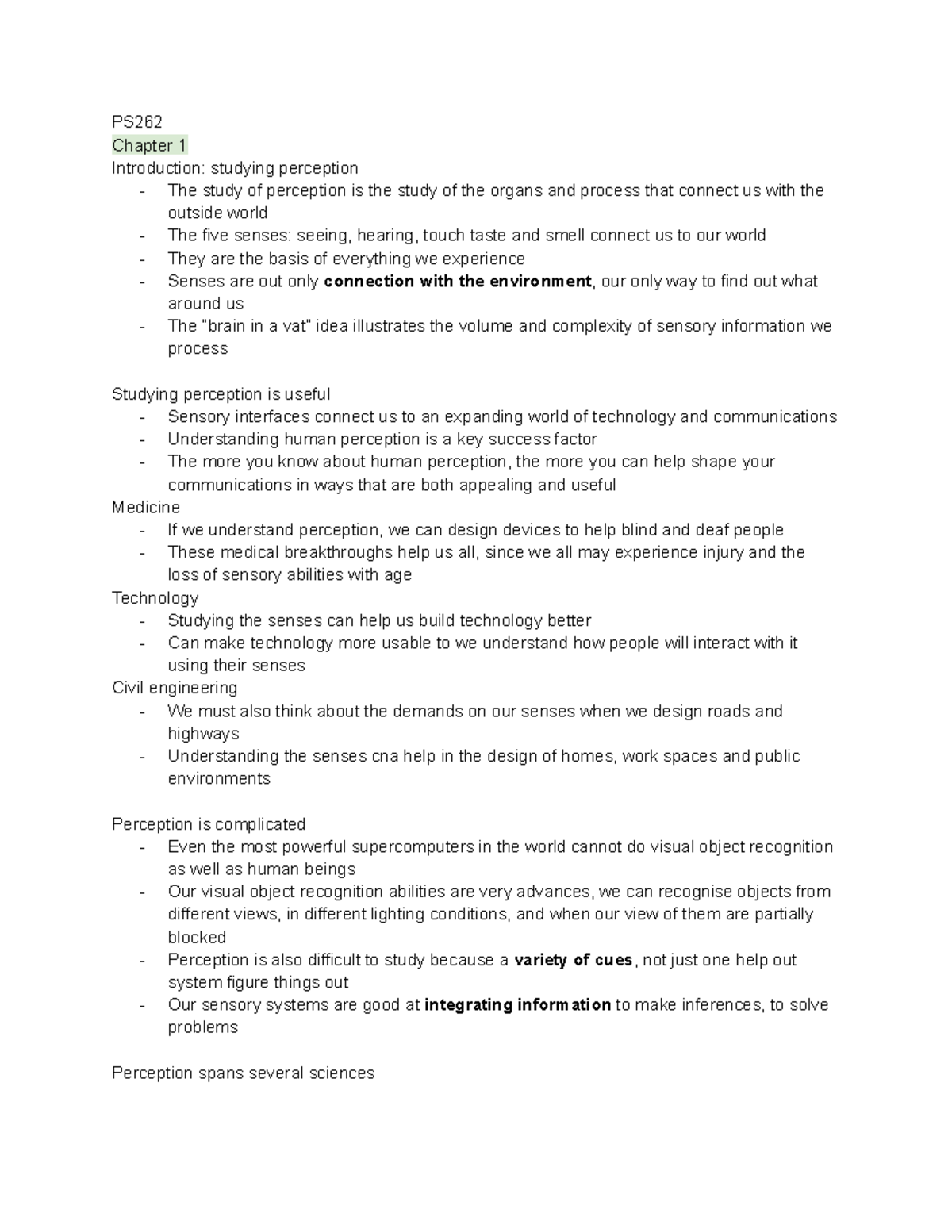 PS262 - notes - PS Chapter 1 Introduction: studying perception - The ...