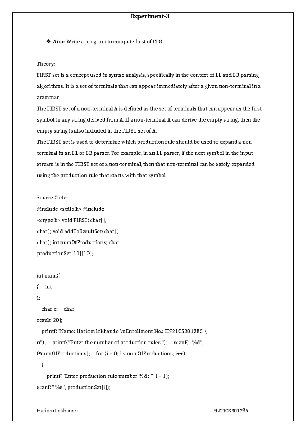 Compiler Design(Experiment-3) Hariom - Experiment- Aim: Write a program to compute first of CFG ...