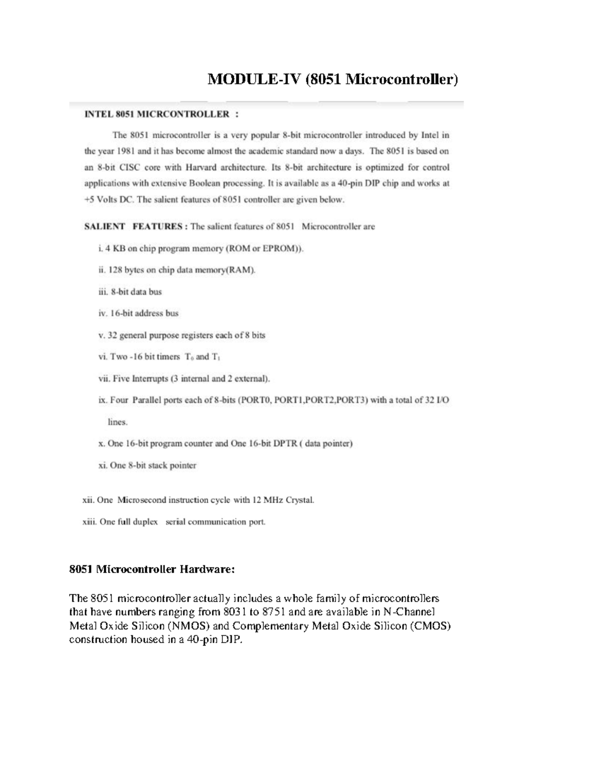 MPMC module 4 - Jwjwjejej - MODULE-IV (8051 Microcontroller) 8051 Microcontroller Hardware: The ...