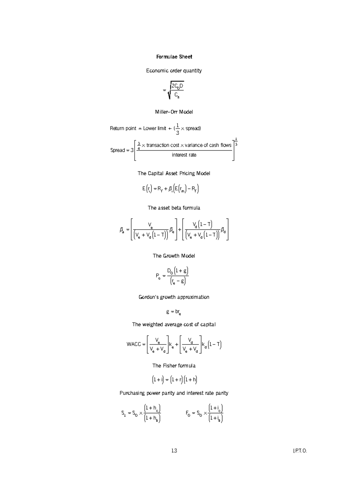Formulae Sheet - 13 [P.T. Formulae Sheet Economic order quantity Miller ...