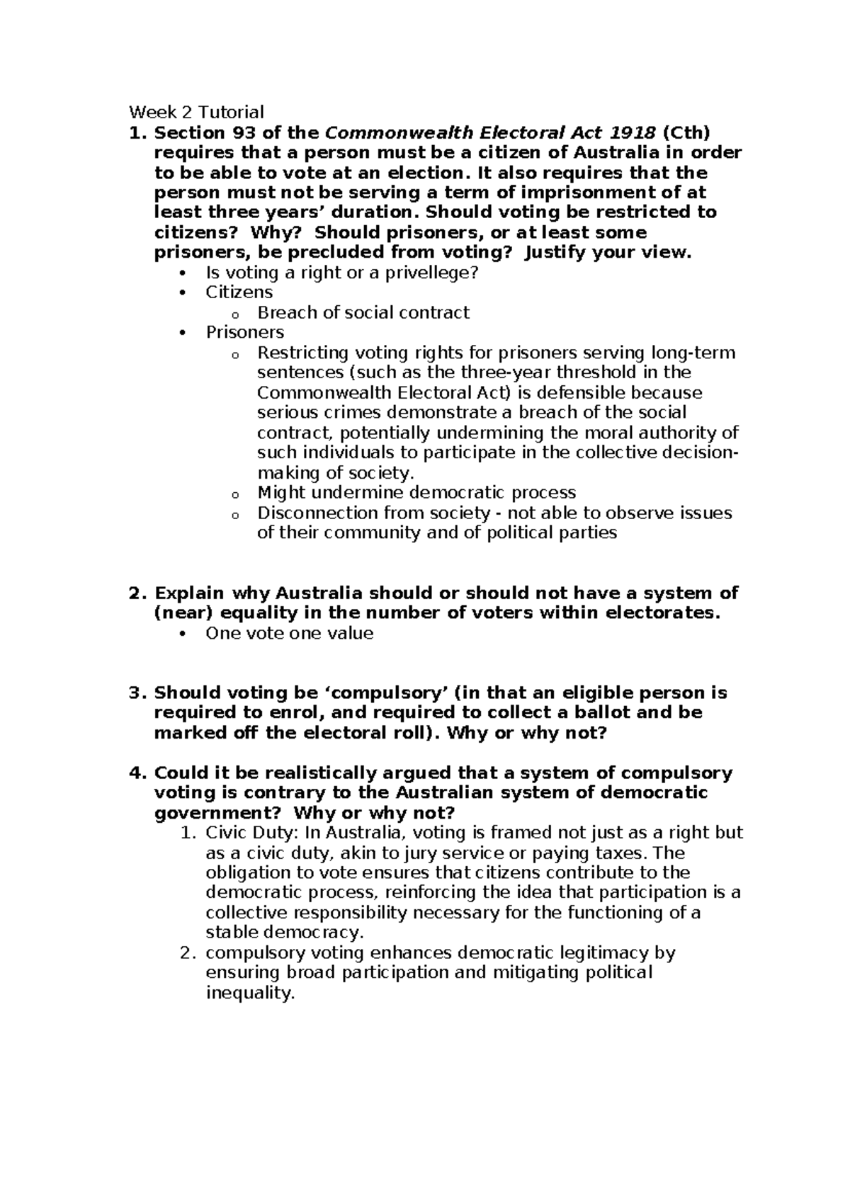 Week 2 Tutorial - Week 2 Tutorial 1. Section 93 of the Commonwealth Electoral Act 1918 (Cth ...