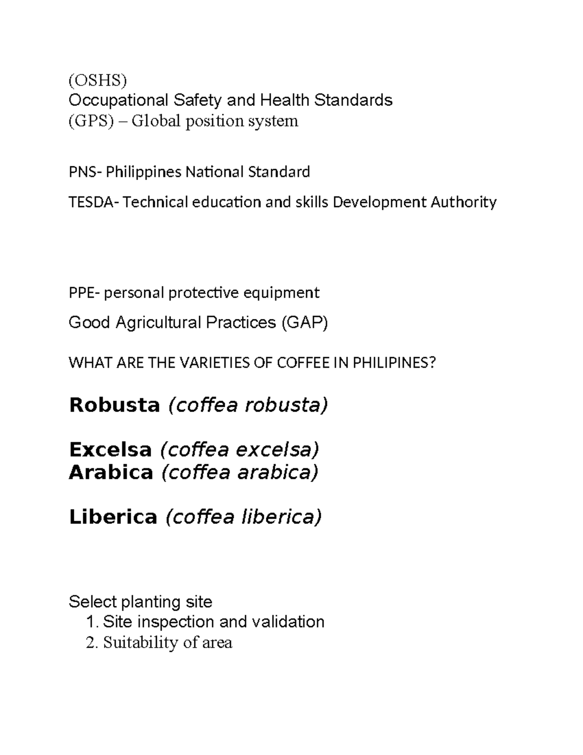 Free assessment for coffee - (OSHS) Occupational Safety and Health ...