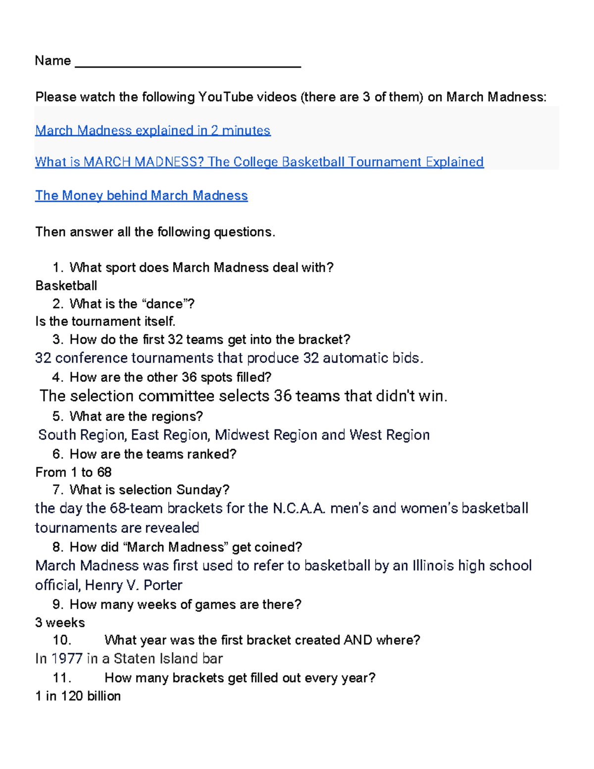 Copy of What is March Madness Video links and questions sc - Name