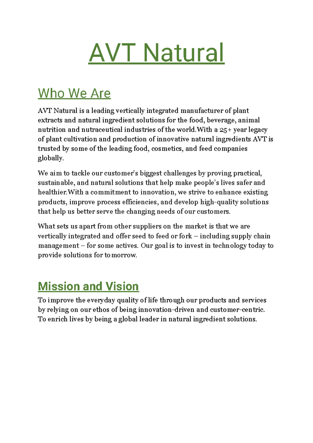 AVT Natural - AVT Natural Who We Are AVT Natural is a leading ...