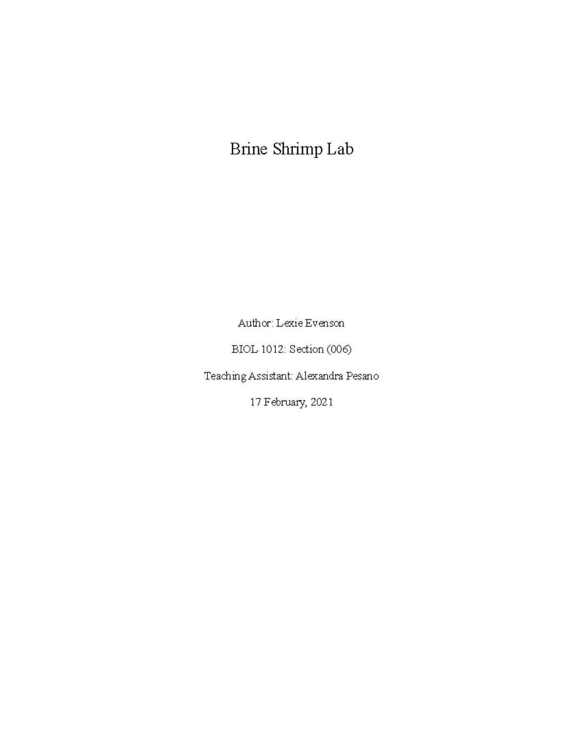Brine Shrimp Lab - Brine Shrimp Lab Author: Lexie Evenson BIOL 1012 ...