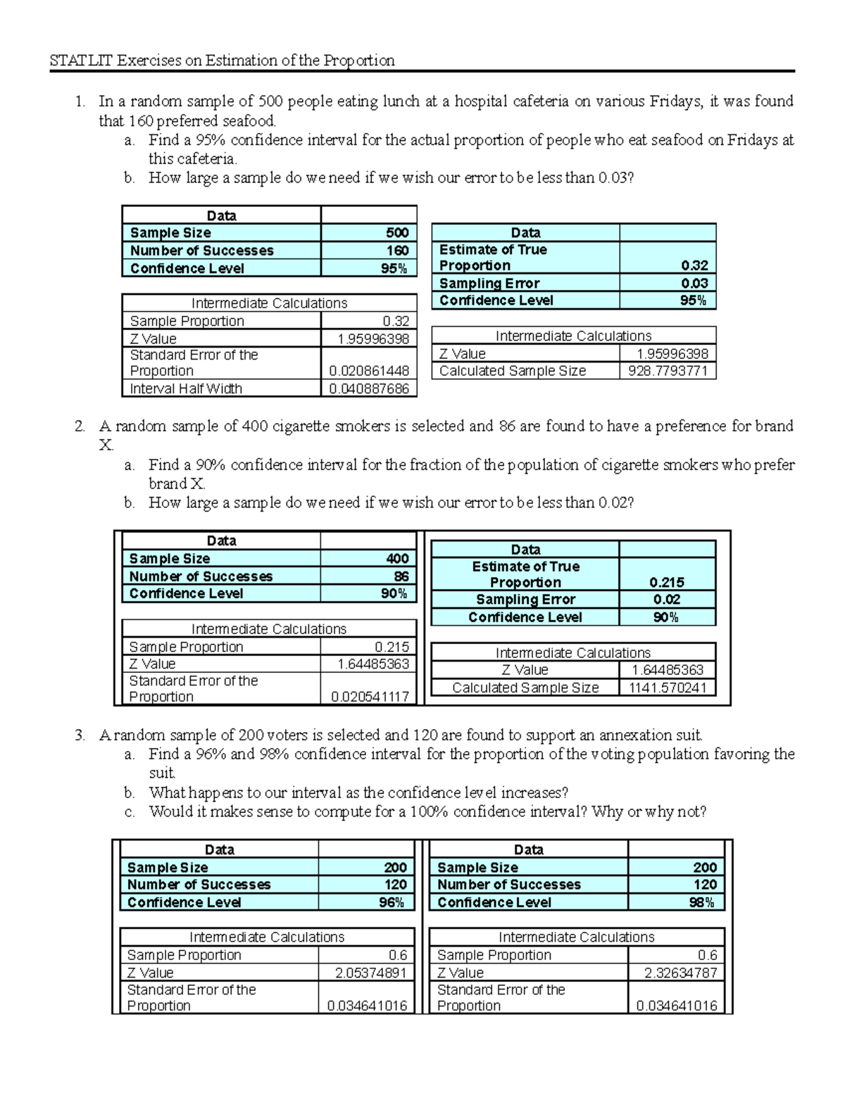 Statlit pe estimation of prop - STATLIT Exercises on Estimation of the Proportion 1. In a random ...