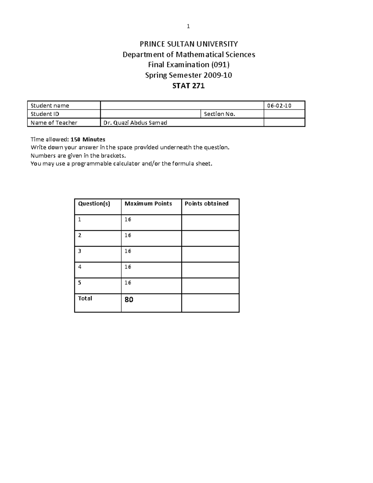 Stat271-final-091 - final exam - PRINCE SULTAN UNIVERSITY Department of ...