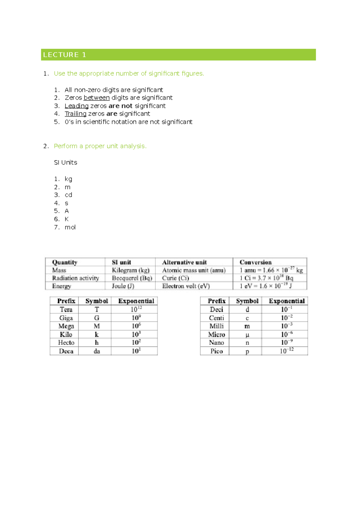 Chemistry 1A Lecture Notes - LECTURE 1 Use the appropriate number of ...
