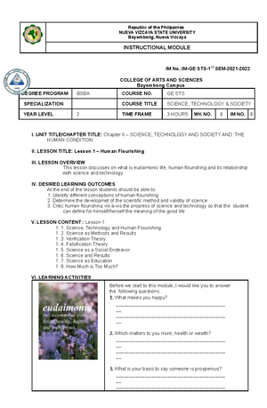 STS Lesson 9 The Good Life - I. UNIT TITLE/CHAPTER TITLE SCIENCE ...