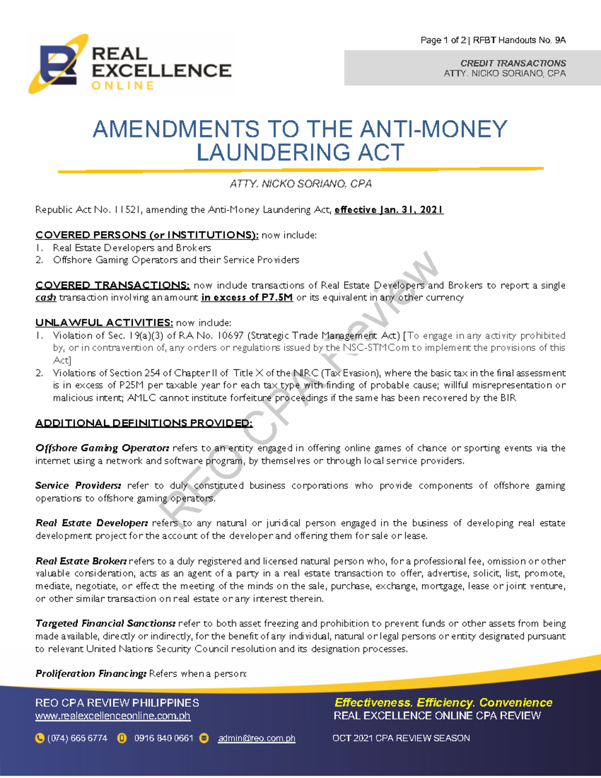 AMLA- Amendments - Lecture notes 1 - REO CPA Review Page 1 of 2 | RFBT ...