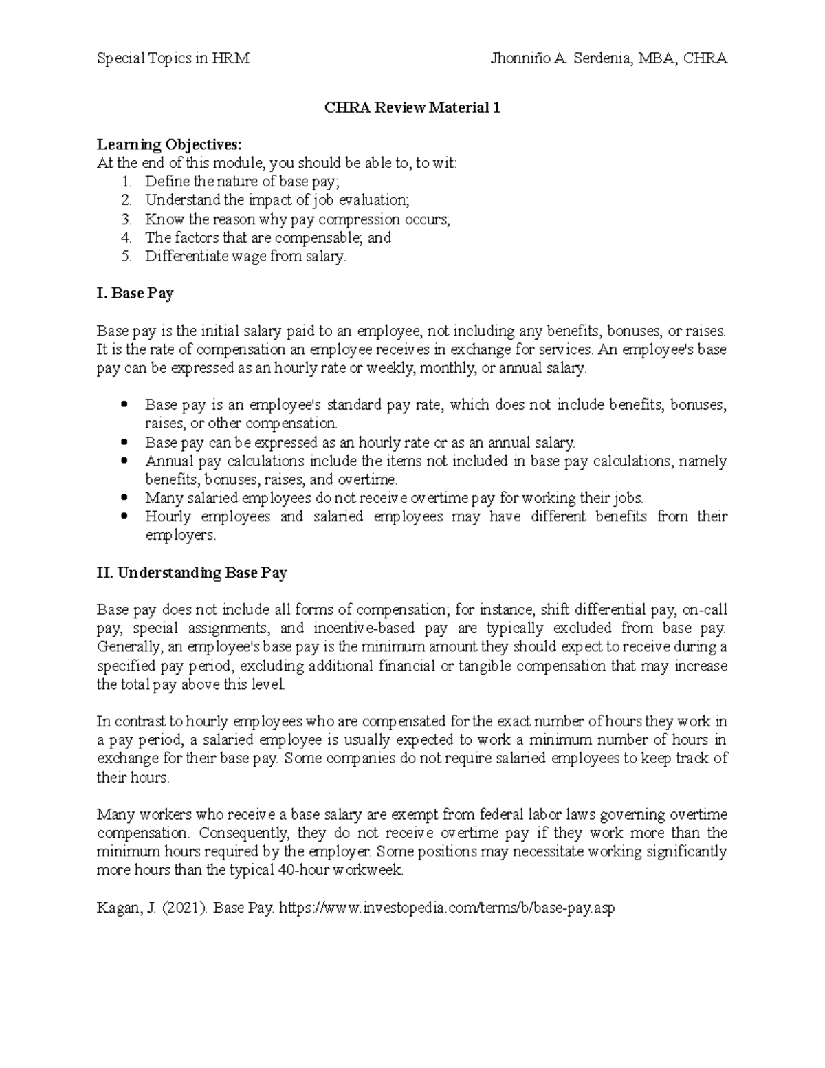 CHRA Review Material 1 - Define the nature of base pay; 2. Understand ...