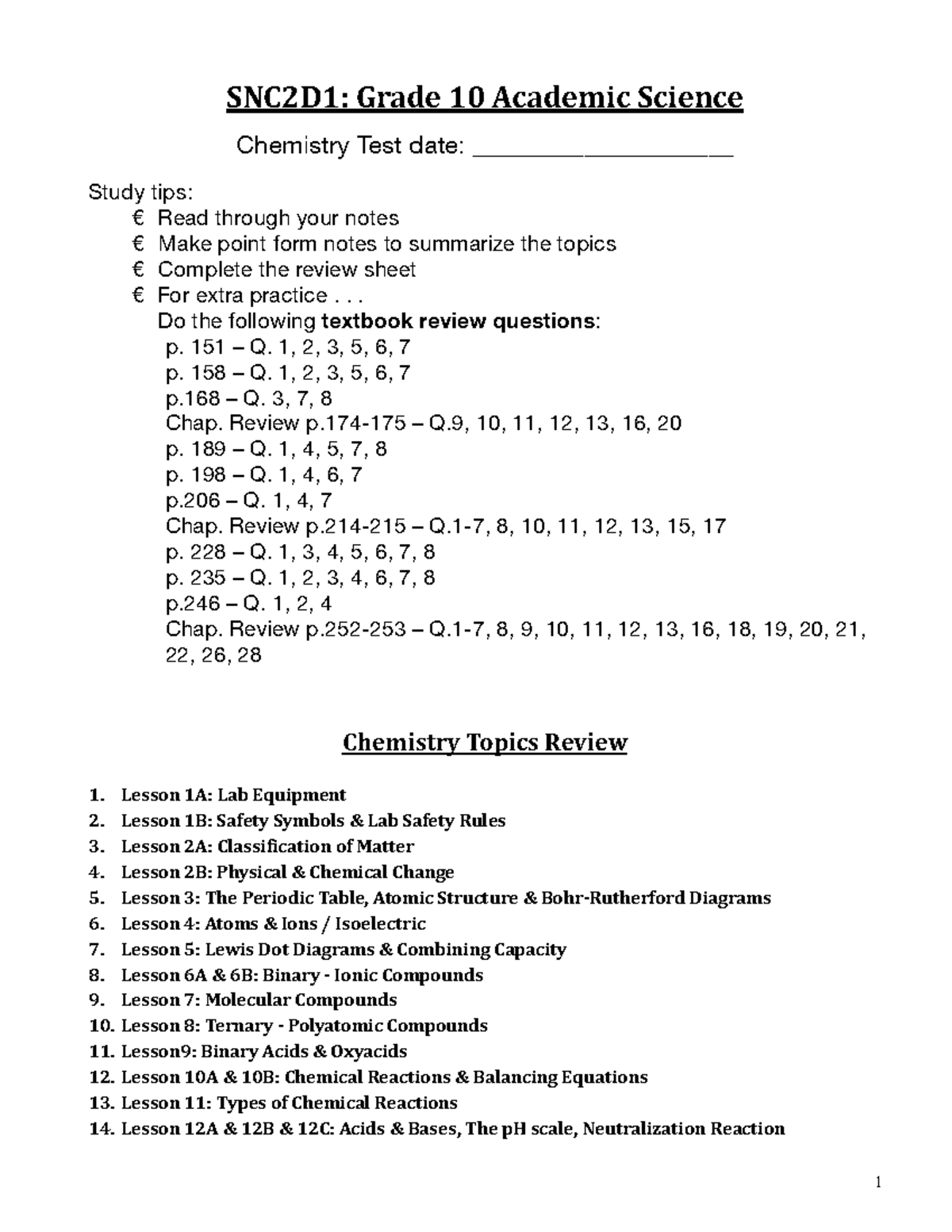 SNC2D1 Chemistry Review 2022 - SNC 2 D 1 : Grade 10 Academic Science ...