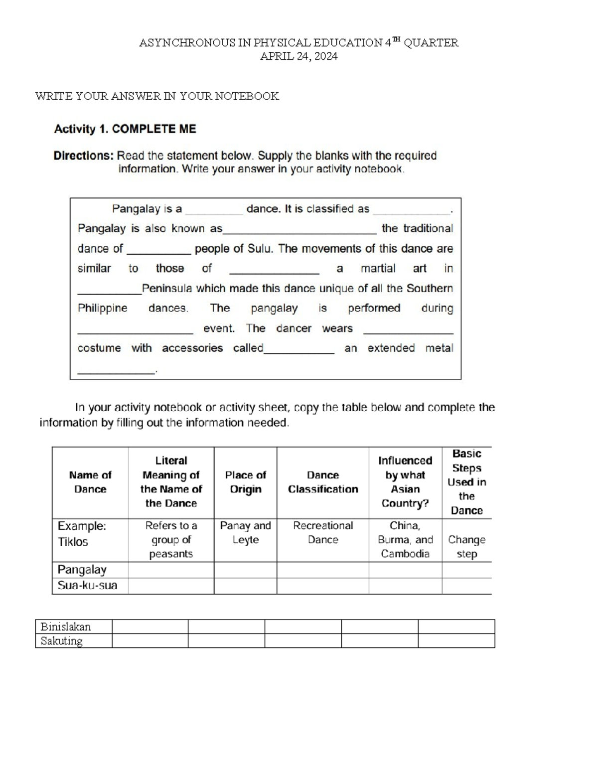 Asynchronous IN Physical Education 4TH Quarter - edukasyon sa pagkatao ...