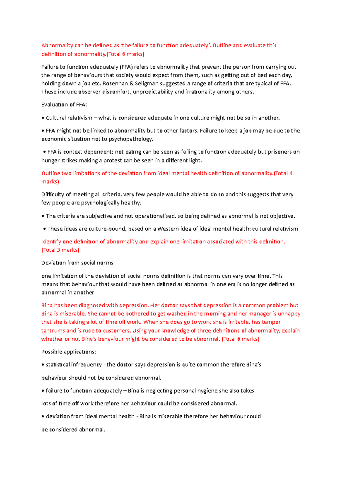 Past paper questions - exam Q's - Abnormality can be defined as ‘the ...