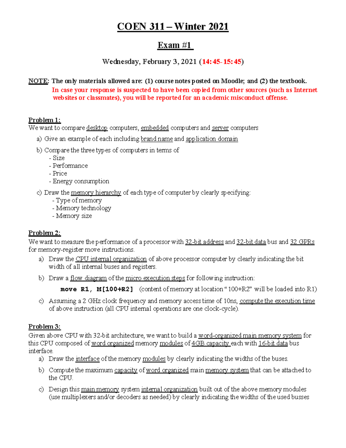 coen311- exam #1 - practical exam mand - COEN 311 – Winter 2021 Exam ...