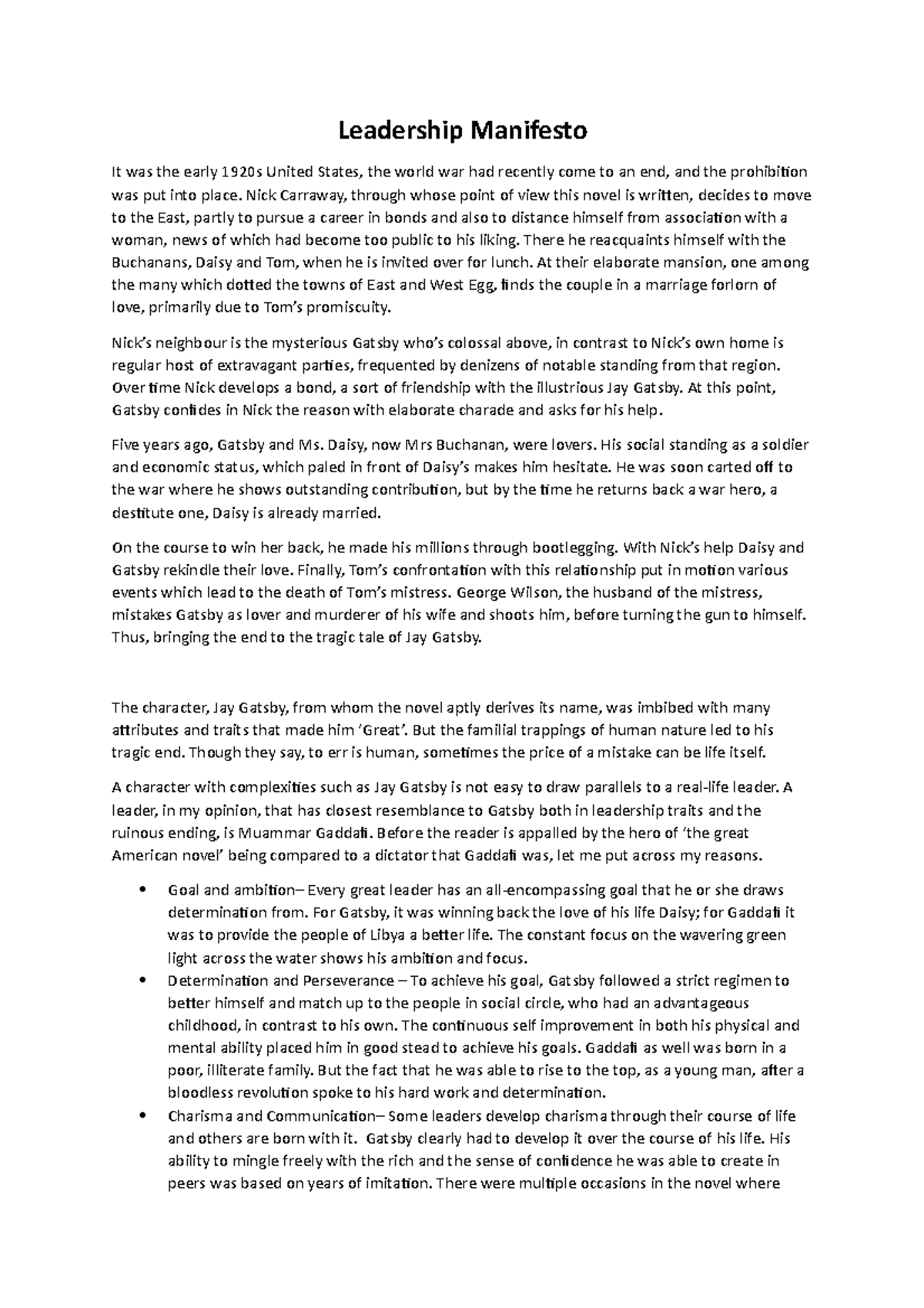 Leadership Manifesto - Nick Carraway, through whose point of view this ...