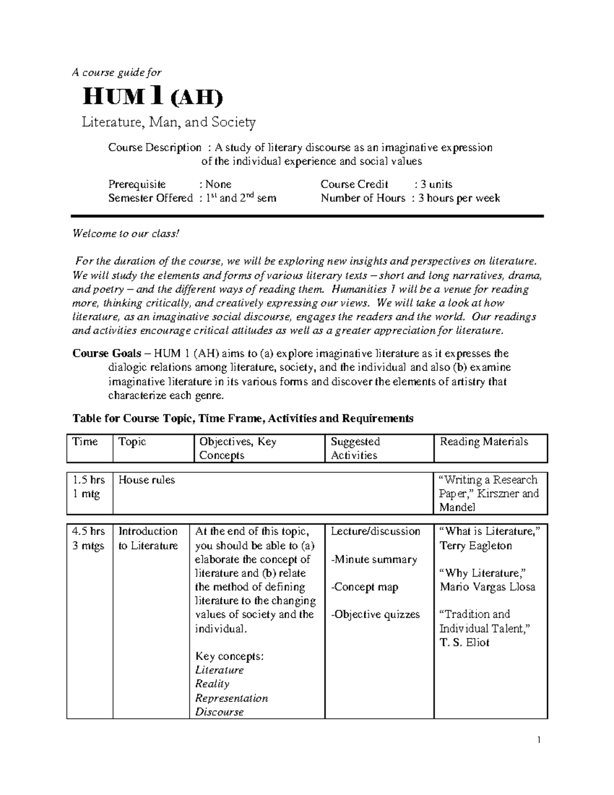 Hum1Course Guide Apr 15-v3 - A course guide for HUM 1 (AH) Literature ...