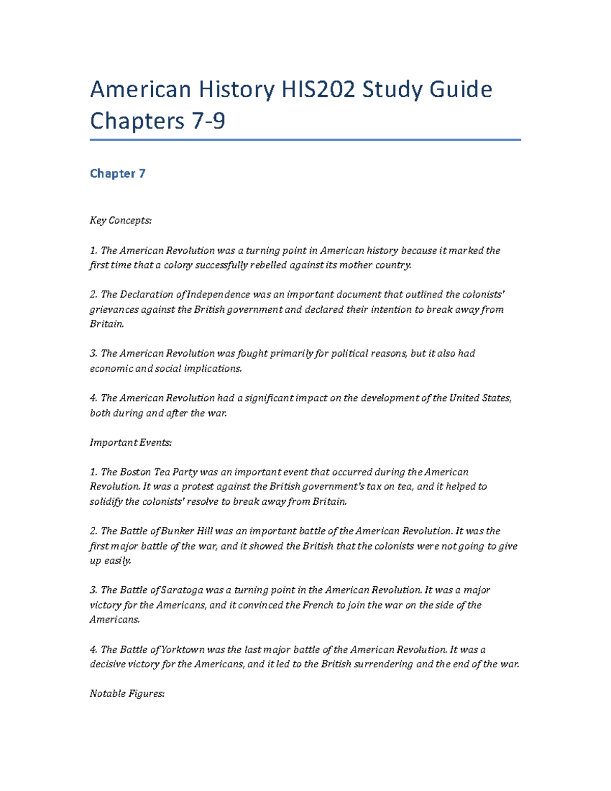 American History HIS202 Study Guide Chapters 7-9 - American History ...
